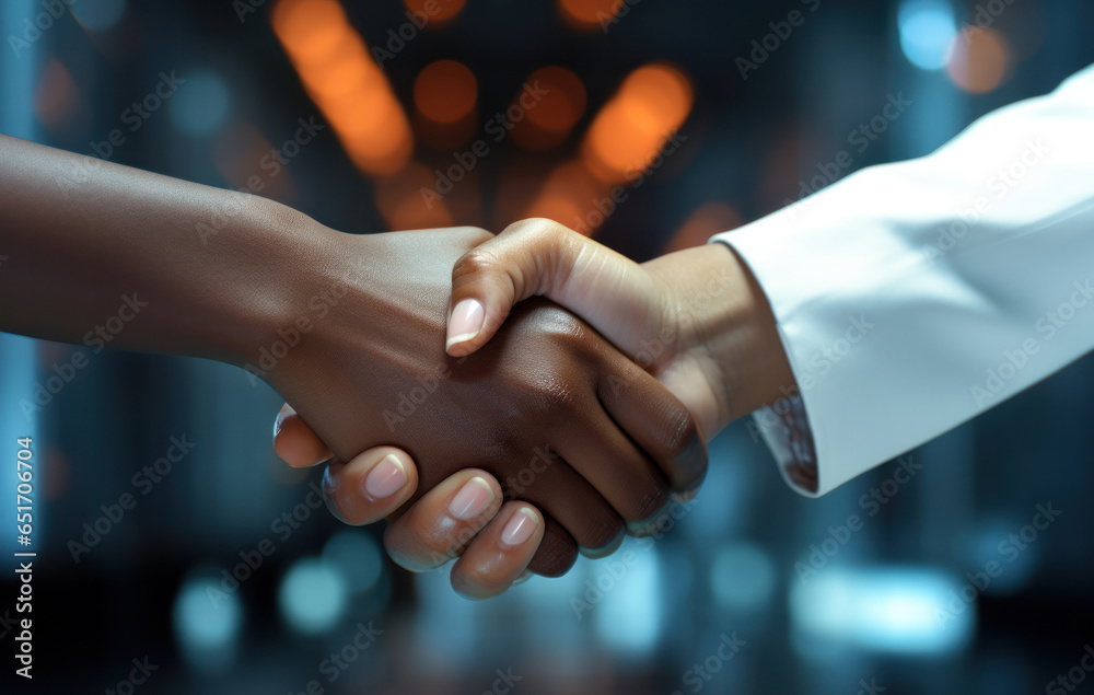 Two people of different races shaking hands. Handshake during a successful deal , Generative AI ...