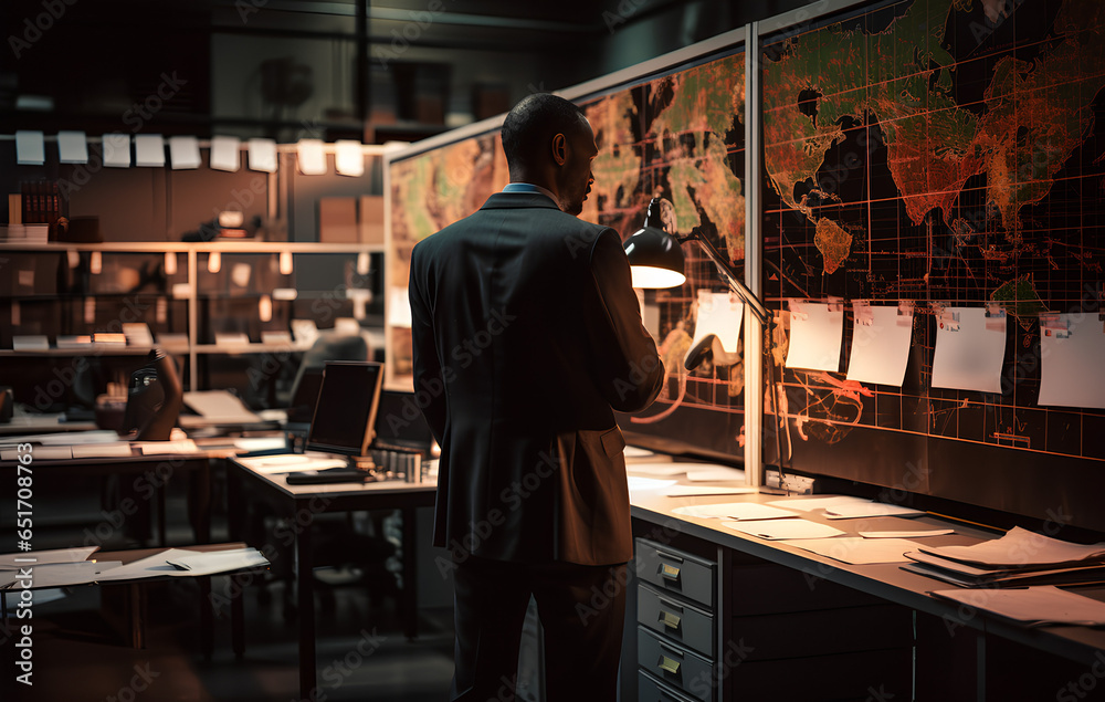 Police investigator standing near detective board analyzing clues ...