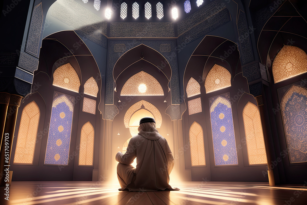 Light rays from mosque window or door. Prayer's vision, generative ai ...