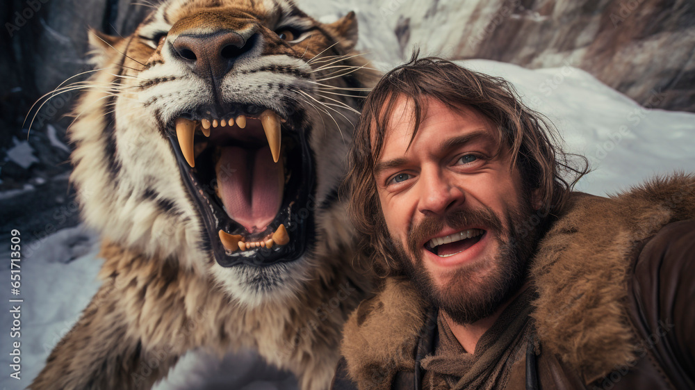 Selfie of an ancient man and snarling saber - toothed tiger, glacial ...