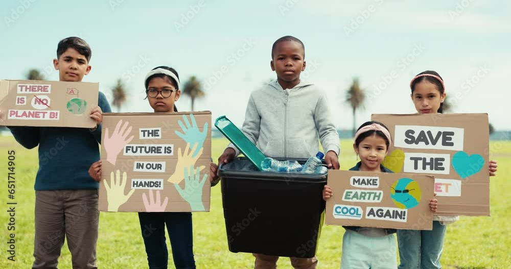 Children group, recycling poster and park with face, vote or opinion ...