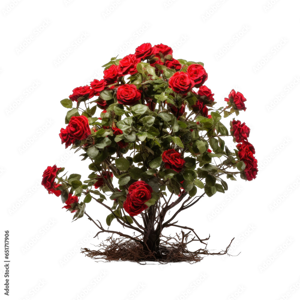 a red rose bush grows in the ground, png file of isolated cutout object ...