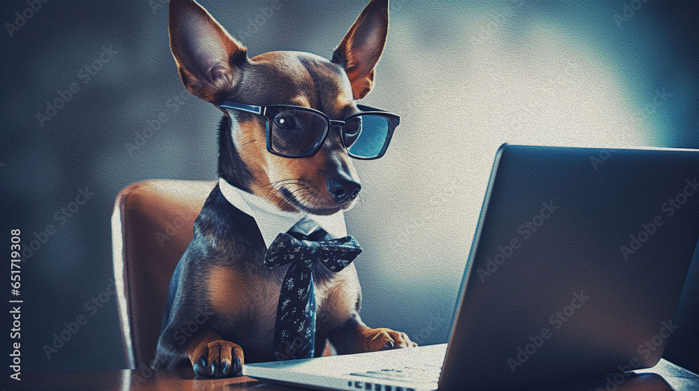 Cute dog looking at the laptop screen. The concept of online learning ...