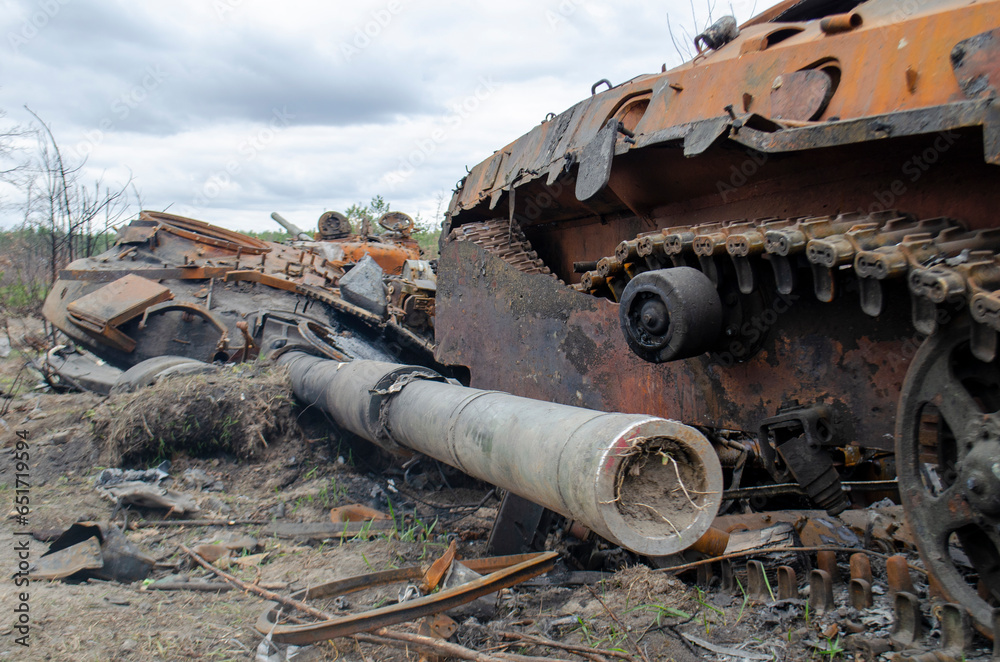 IRPIN, UKRAINE - Broken tanks, combat vehicles and other burnt military ...