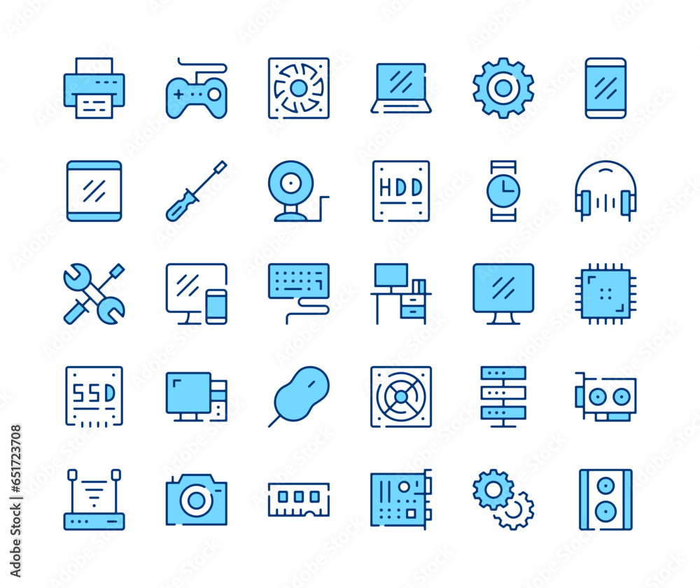 Computer hardware icons set. Vector line icons. Blue color outline ...