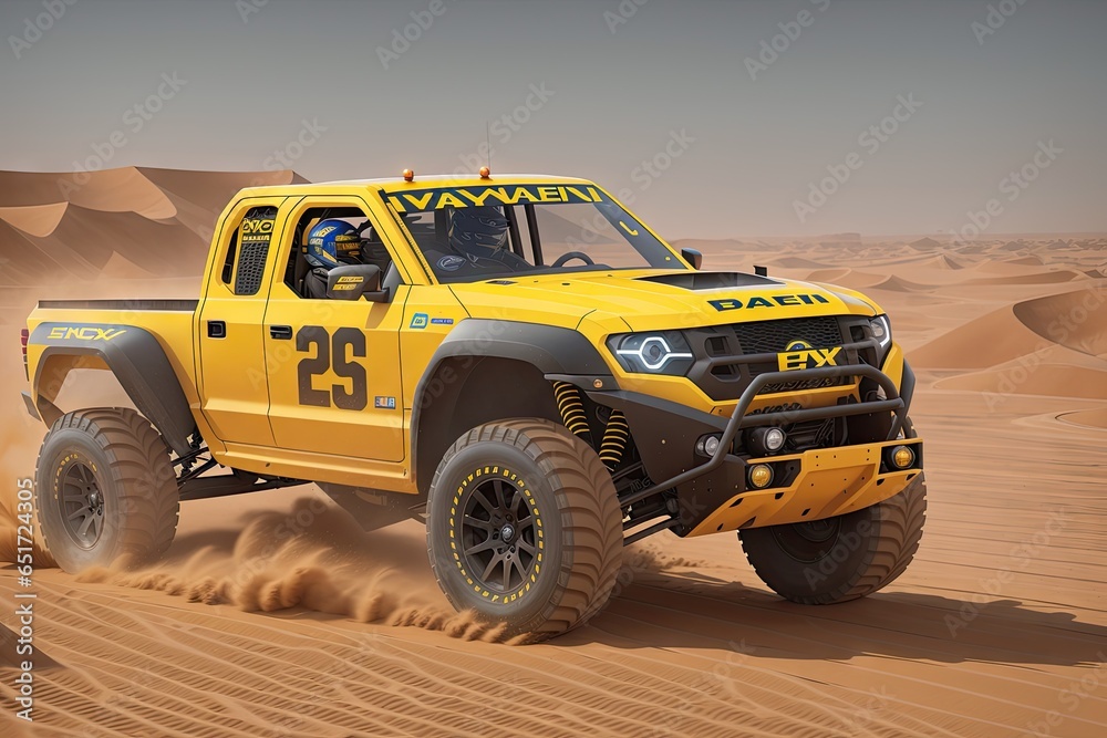 Offroad vehicle in sand dunes in the desert. Yellow rally car with ...