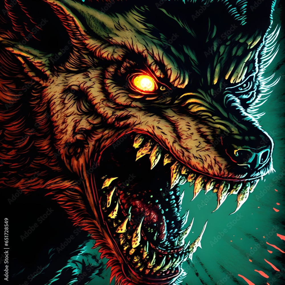 dynamic action still close up of male werewolf head with sharp teeth ...