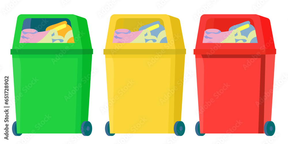 Garbage container green, yellow, red, flat style vector illustration ...
