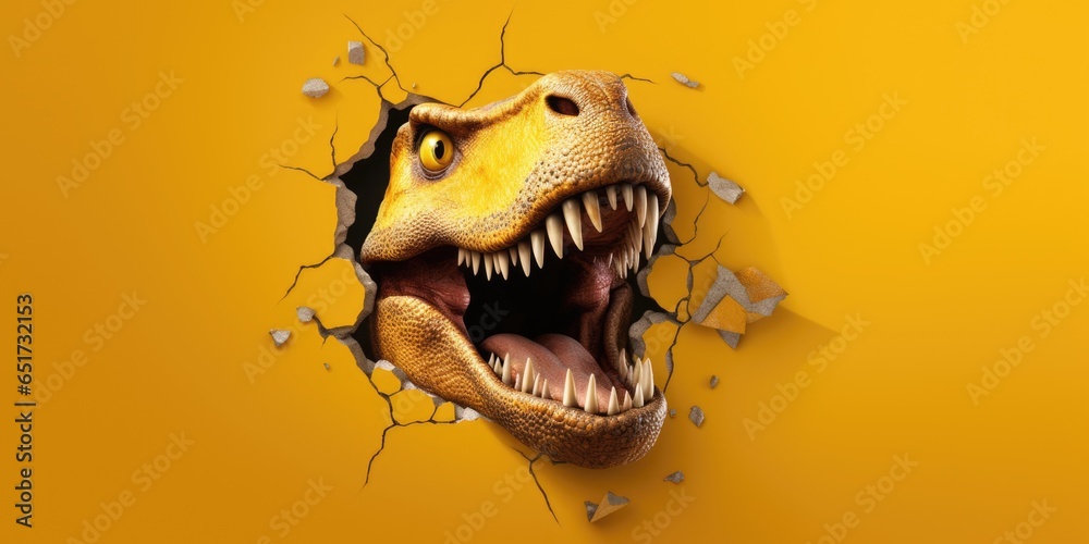 Cute T-Rex peeking out of a hole in wall, torn hole, empty copy space ...