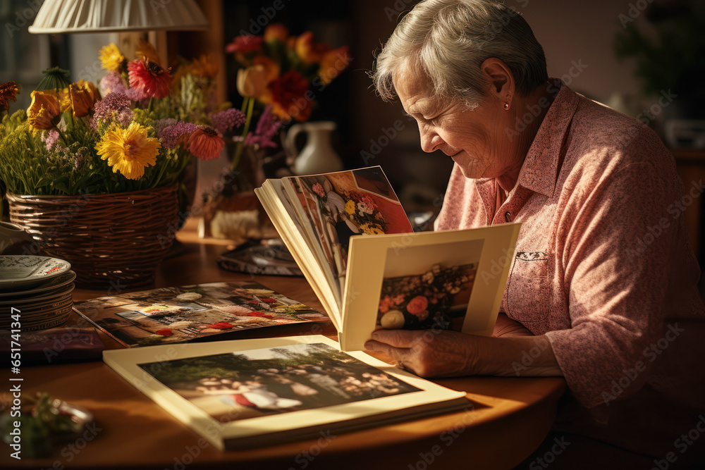 An elderly person looking at a family photo album, reminiscing about ...
