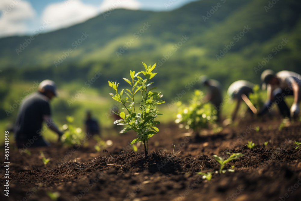 A reforestation project, with volunteers planting trees to combat ...