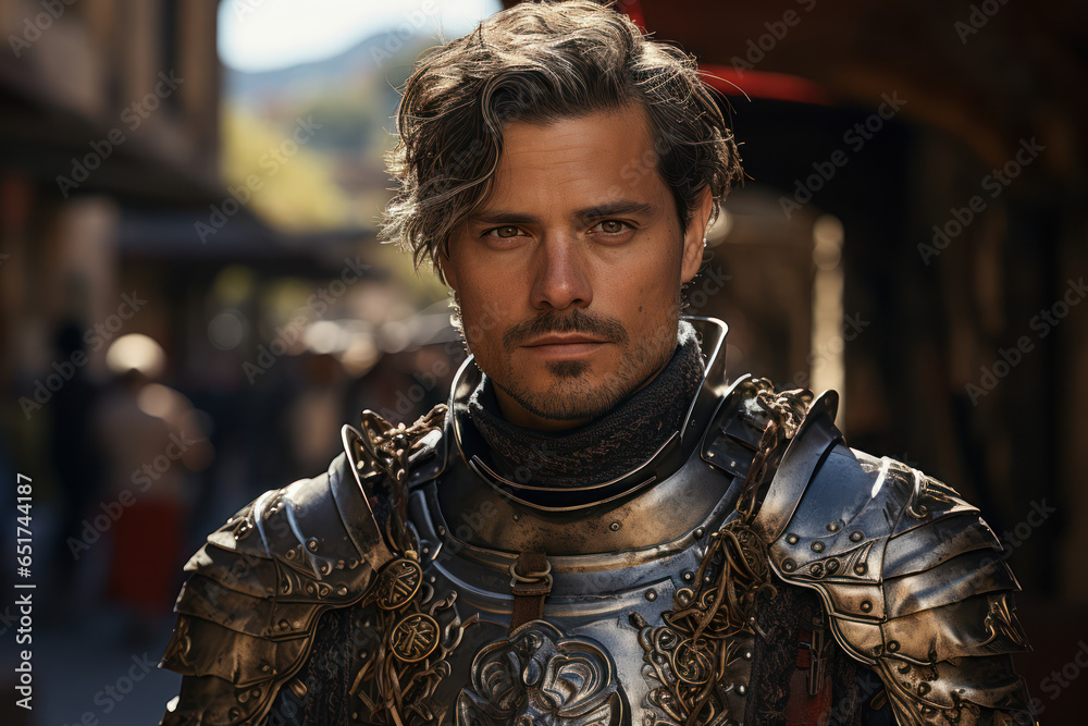 A medieval knight in shining armor, mounted on a majestic steed, ready ...