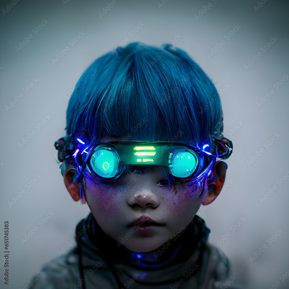 child full body glowing blue hair Cyberpunk wearing neon goggles neon ...
