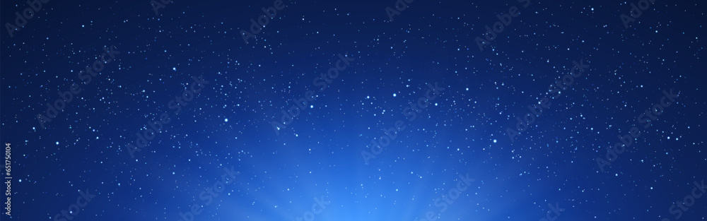 Stars sky. Wide cosmic texture with rays. Illuminated milky way. Blue ...