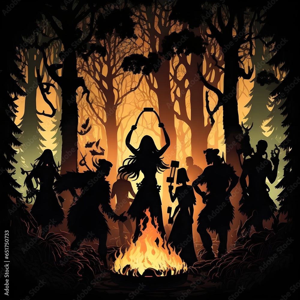 Deep in an old growth forest an ancient celtic pagan tribe of young ...