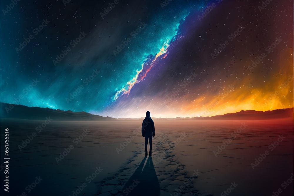 behind view of traveller walking into the distance across the horizon ...