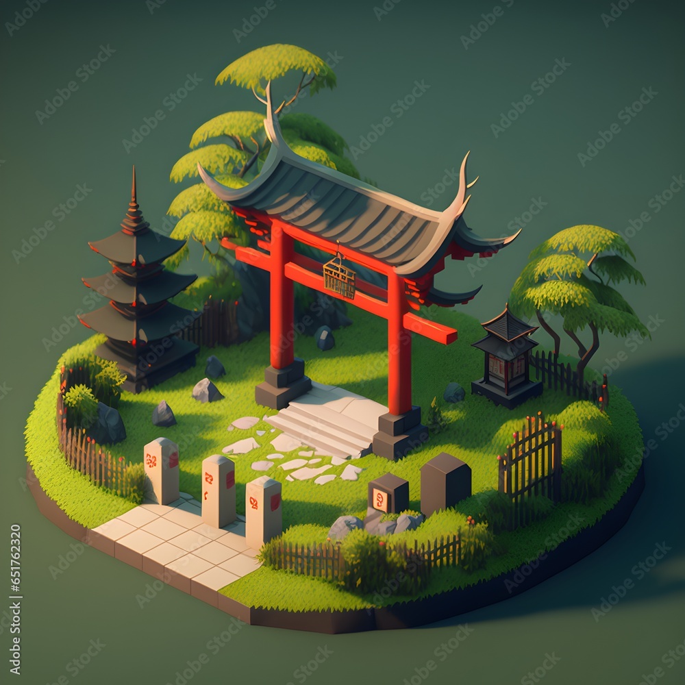 isometric diorama of exterior of the japanese temple and garden with ...