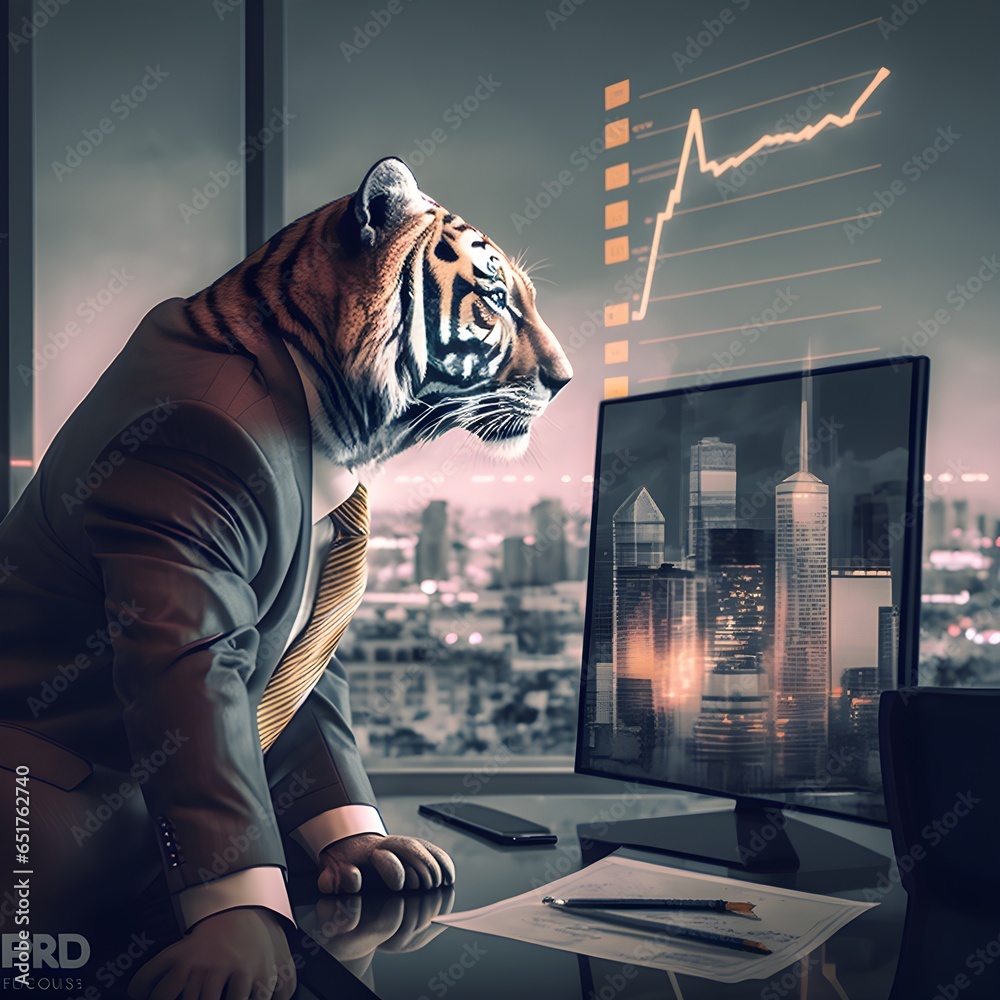 Anthropomorphism tiger in a business suit sitting at a desk facing a 3d ...