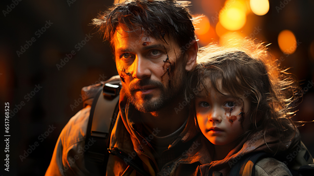 An illustration of a father with his daughter in a post-apocalyptic ...