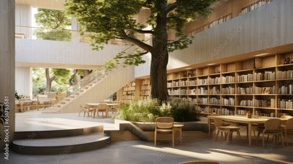 Made of clear concrete, the library features light-colored log ...