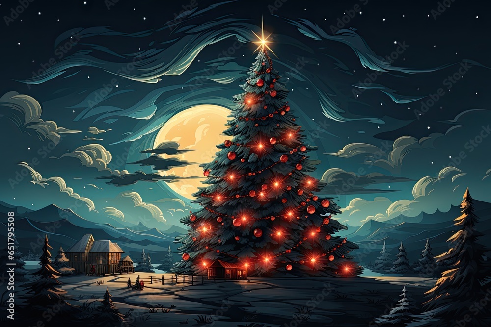 christmas tree in the forest, christmas card design background, drawing ...