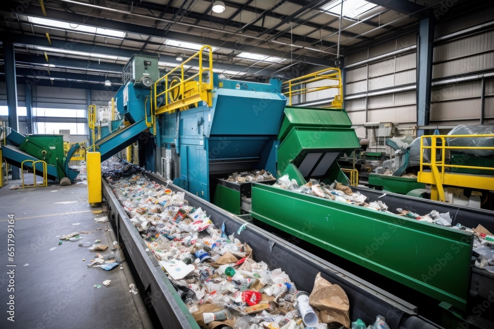 A conveyor belt filled with trash in a factory, showcasing the process ...
