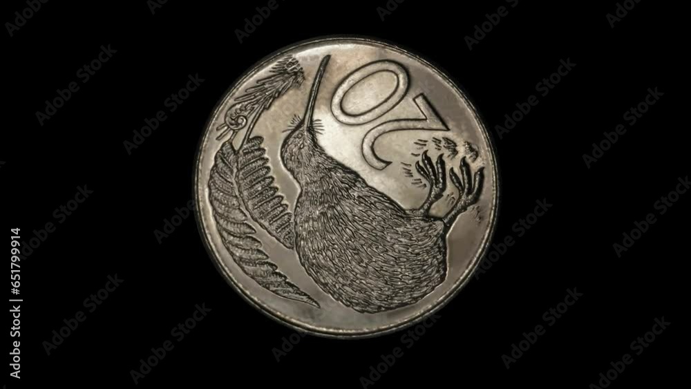 Reverse of New Zealand coin 20 cents with image of a kiwi bird isolated in black background. 3d ...