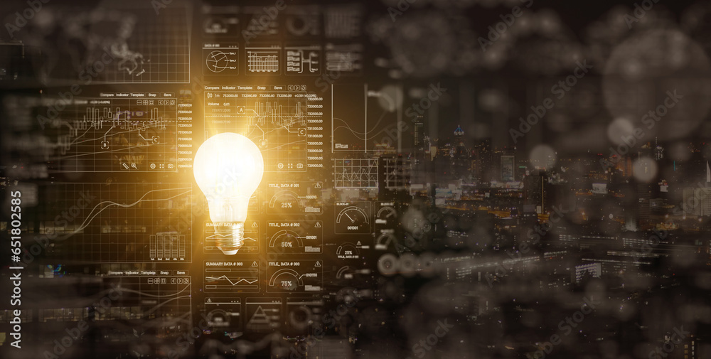 An illuminated or glowing lightbulb on a dark background with data and ...