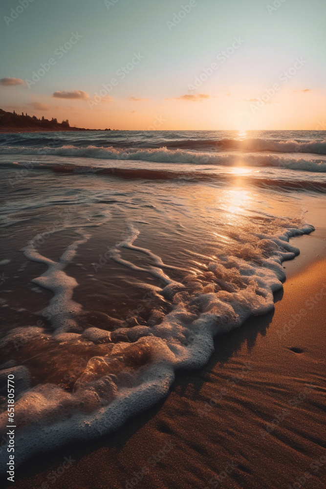 Experience the tranquil beauty of an ocean sunrise with crashing waves ...