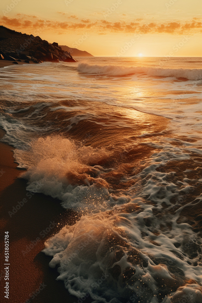 Experience the tranquil beauty of an ocean sunrise with crashing waves ...