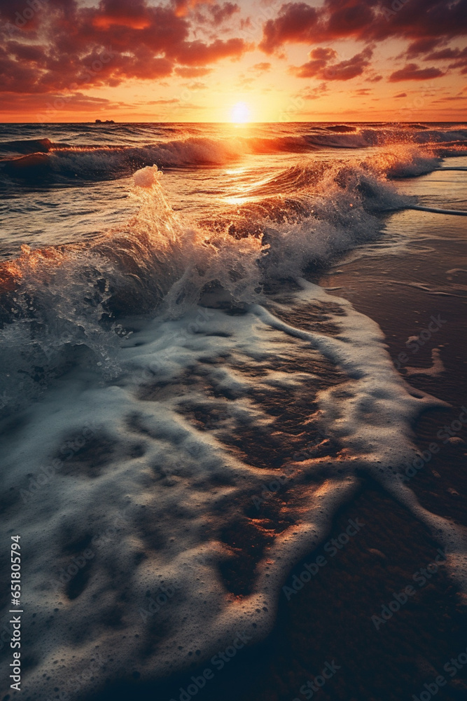 Experience the tranquil beauty of an ocean sunrise with crashing waves ...