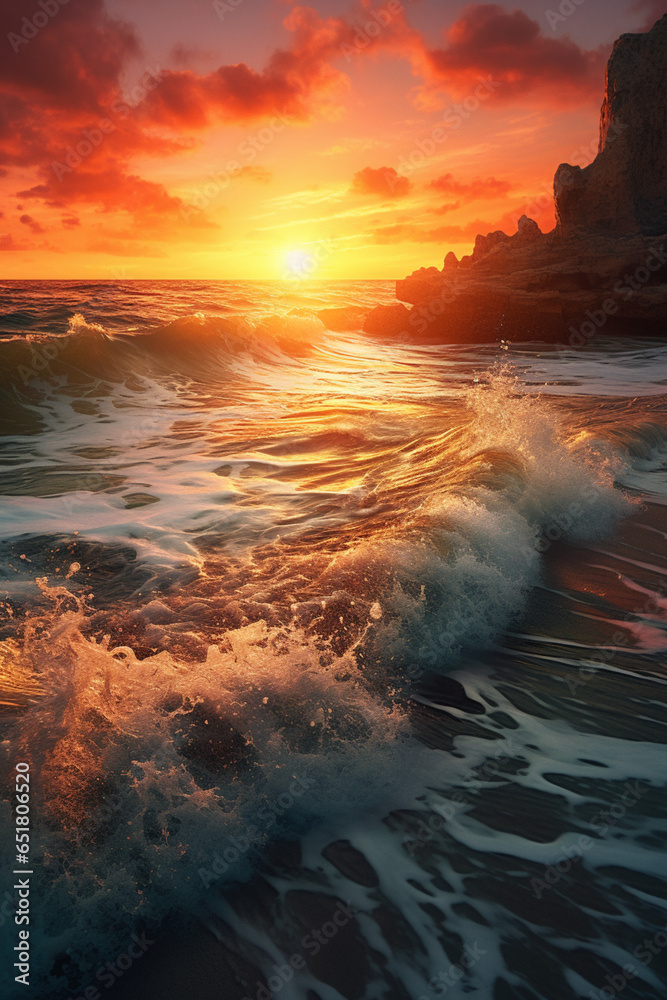 Experience the tranquil beauty of an ocean sunrise with crashing waves ...