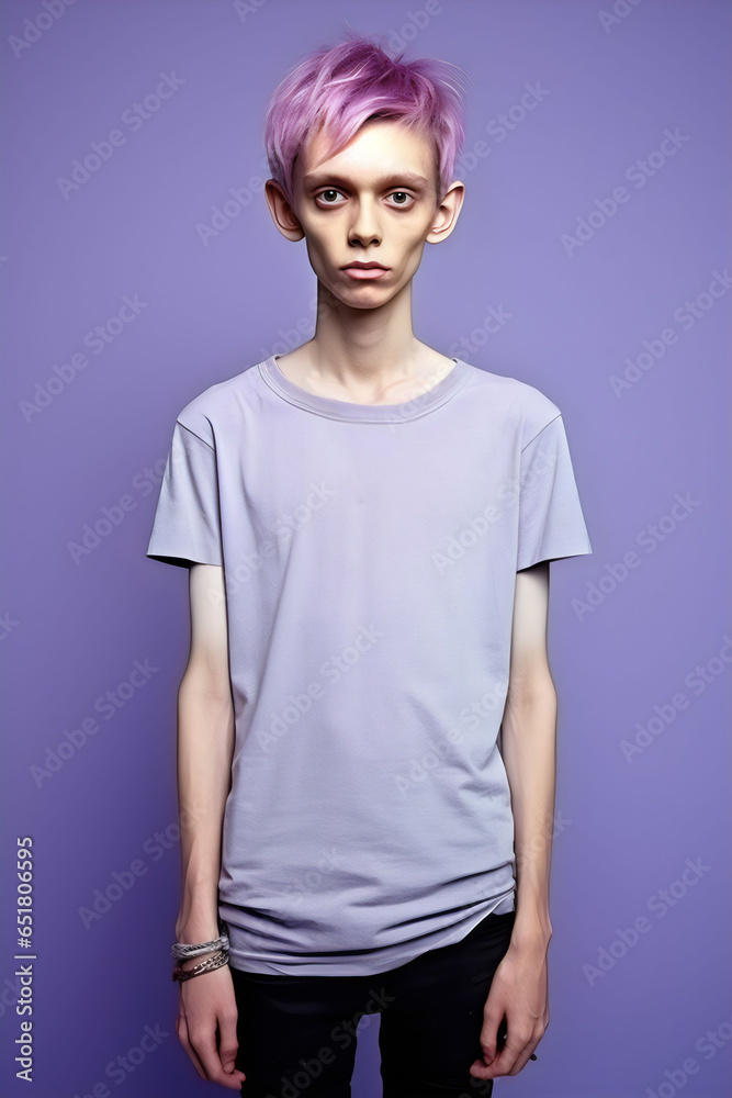 Stockfoto very skinny boy with purple hair and tshirt, isolated on ...
