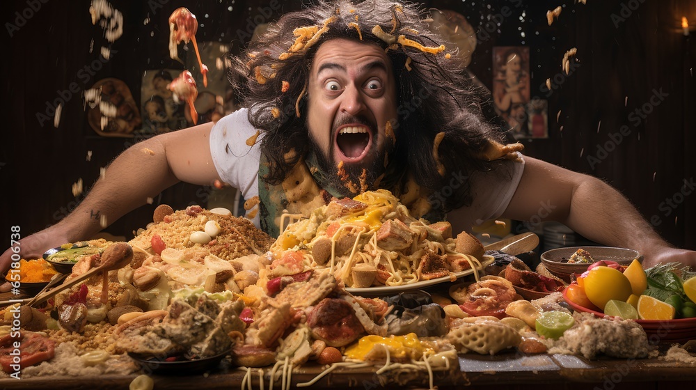 man eating a lot of food ai generated Stock Photo | Adobe Stock