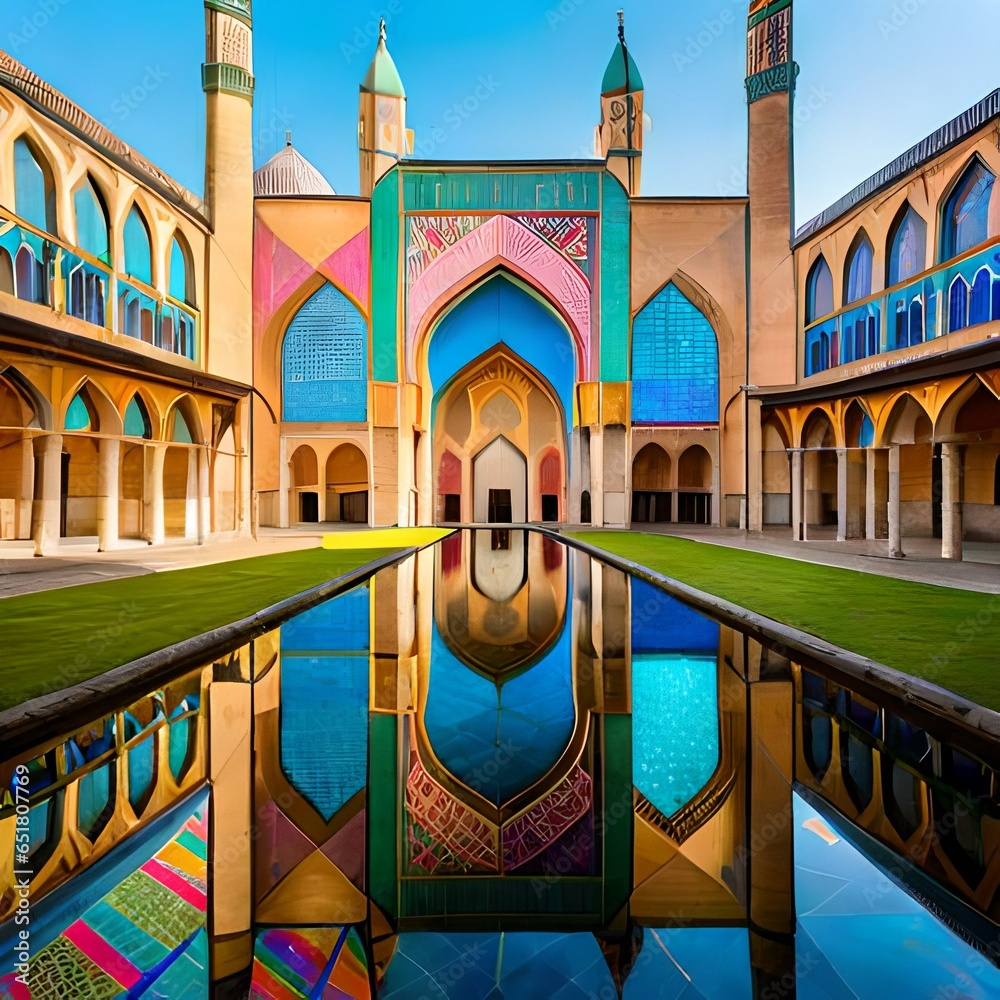 Nasir al-Mulk Mosque (Pink Mosque) reflected in pool in the middle of ...