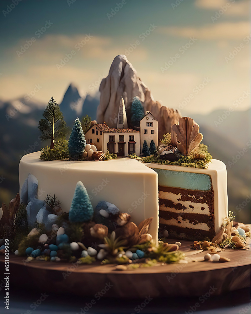 Beautiful cake which is located in natural landscape. Beautiful ...