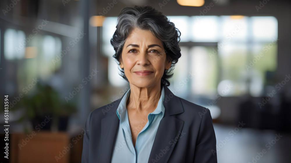 smiling woman with short gray hair in office portrait wearing blue ...