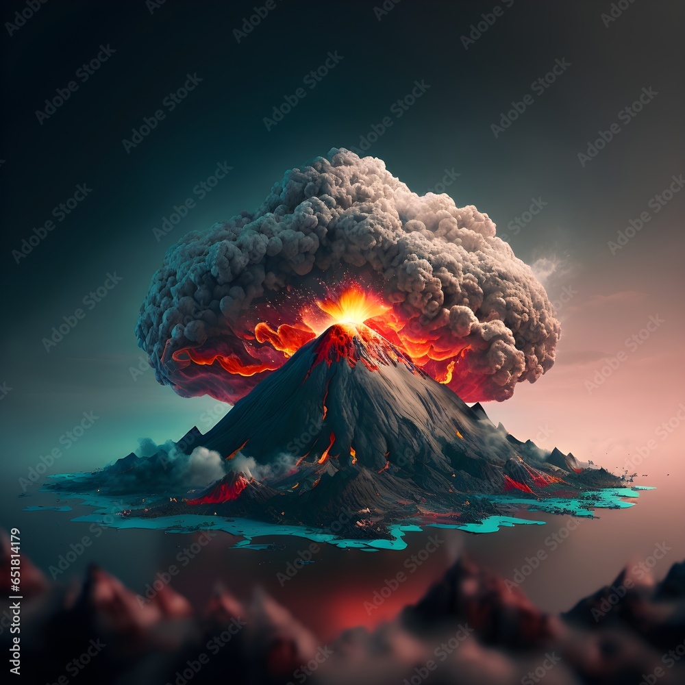 volcano erupting on a floating island with white fluffly clouds of ash ...