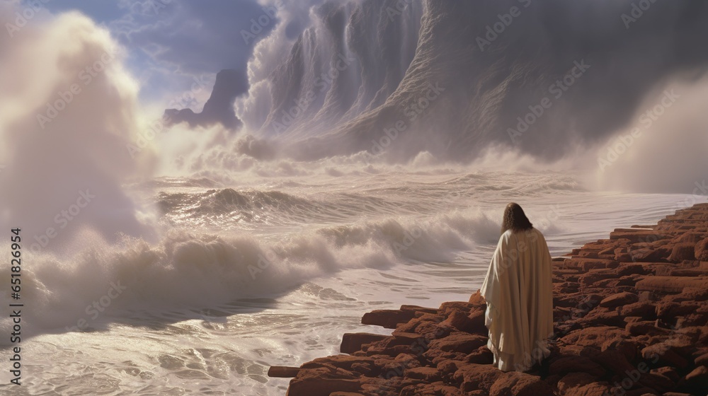 Moses parting the red sea in biblical scenery of the exodus Stock ...
