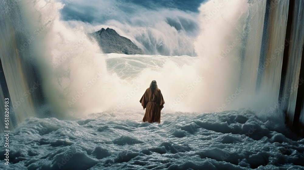 Moses parting the red sea in biblical scenery of the exodus Stock ...