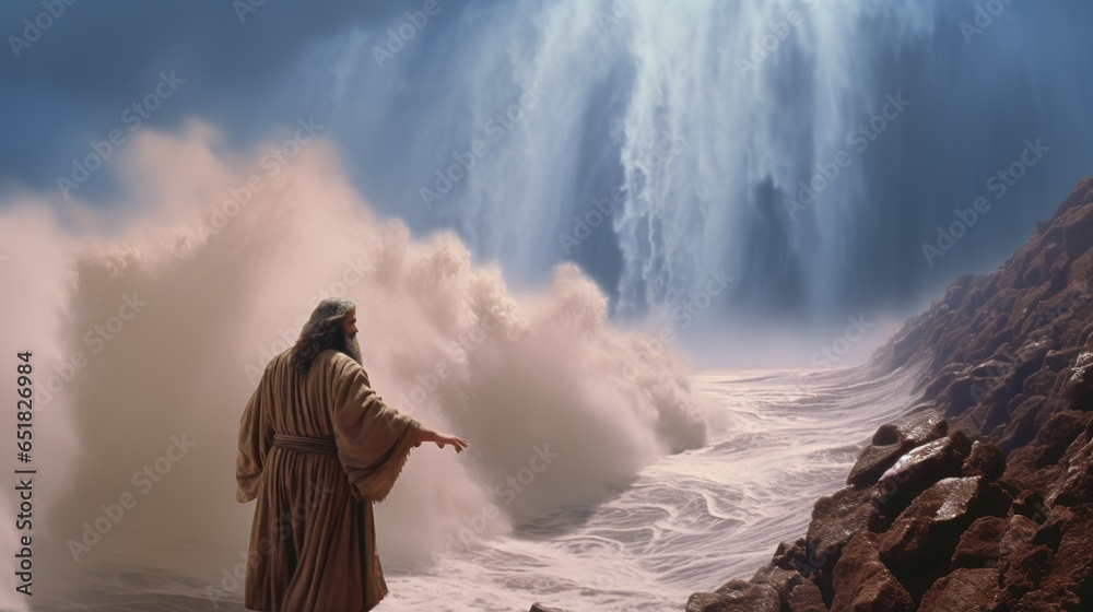 Moses parting the red sea in biblical scenery of the exodus Stock ...