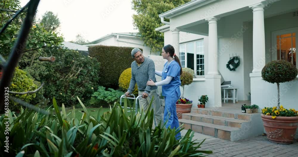 Walker, old man support and caregiver walking patient, healthcare ...