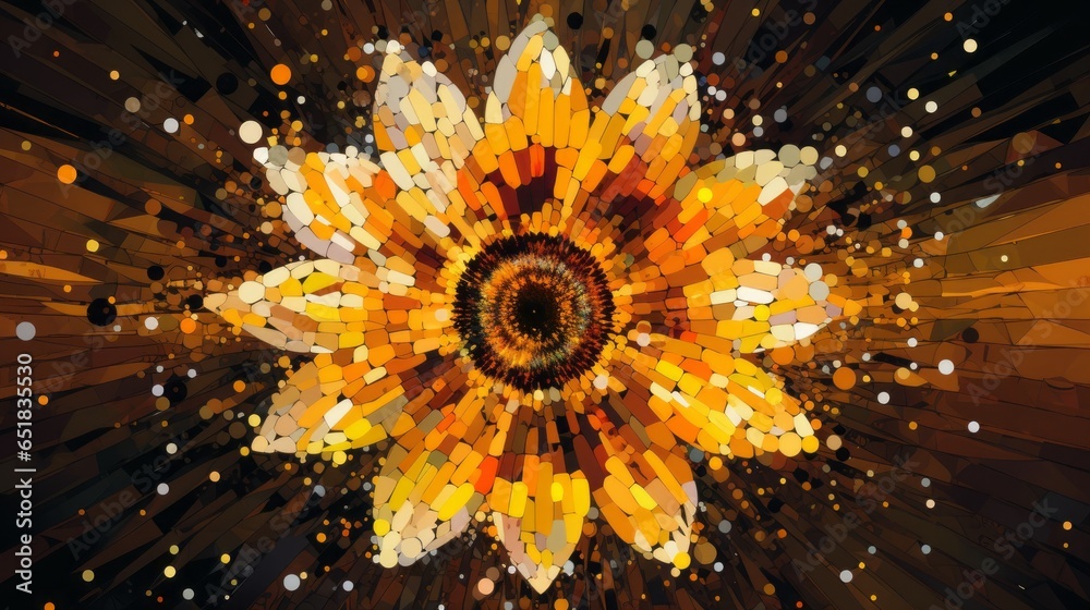 An abstract pixelated flower resembling a sunflower, with a central ...
