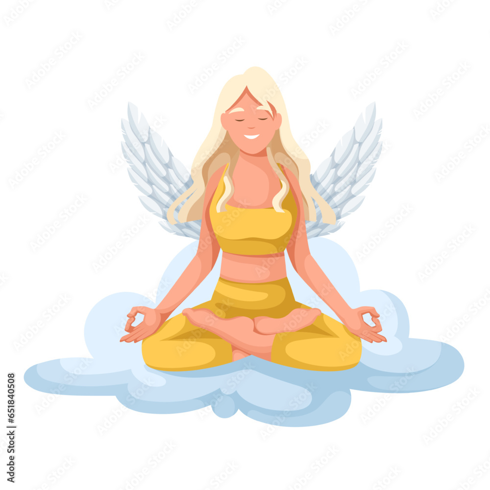 Girl meditating in lotus position on cloud vector illustration. Cartoon ...