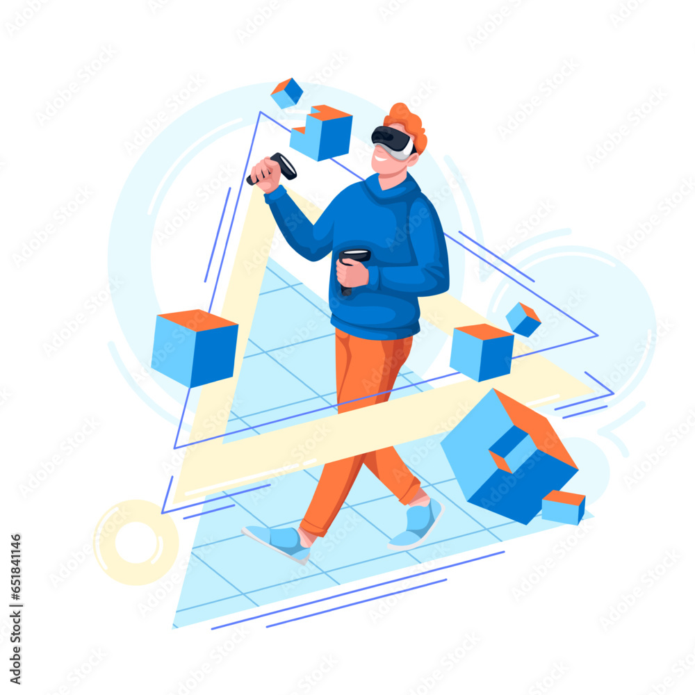 Virtual reality gaming vector illustration. Cartoon happy man with VR ...