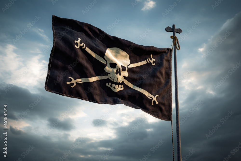 Pirate Flag Hanging From Top Of Mast On Sky Background Created Using ...
