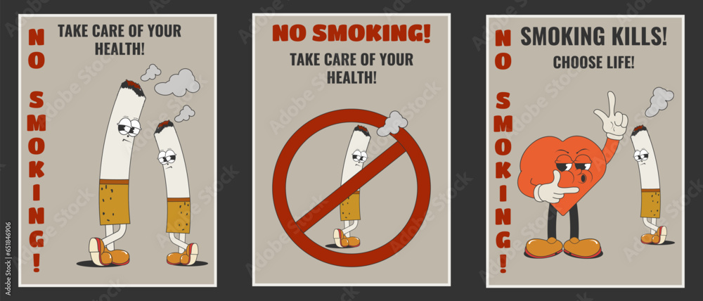No smoking! A set of posters with cigarettes and slogans about the ...