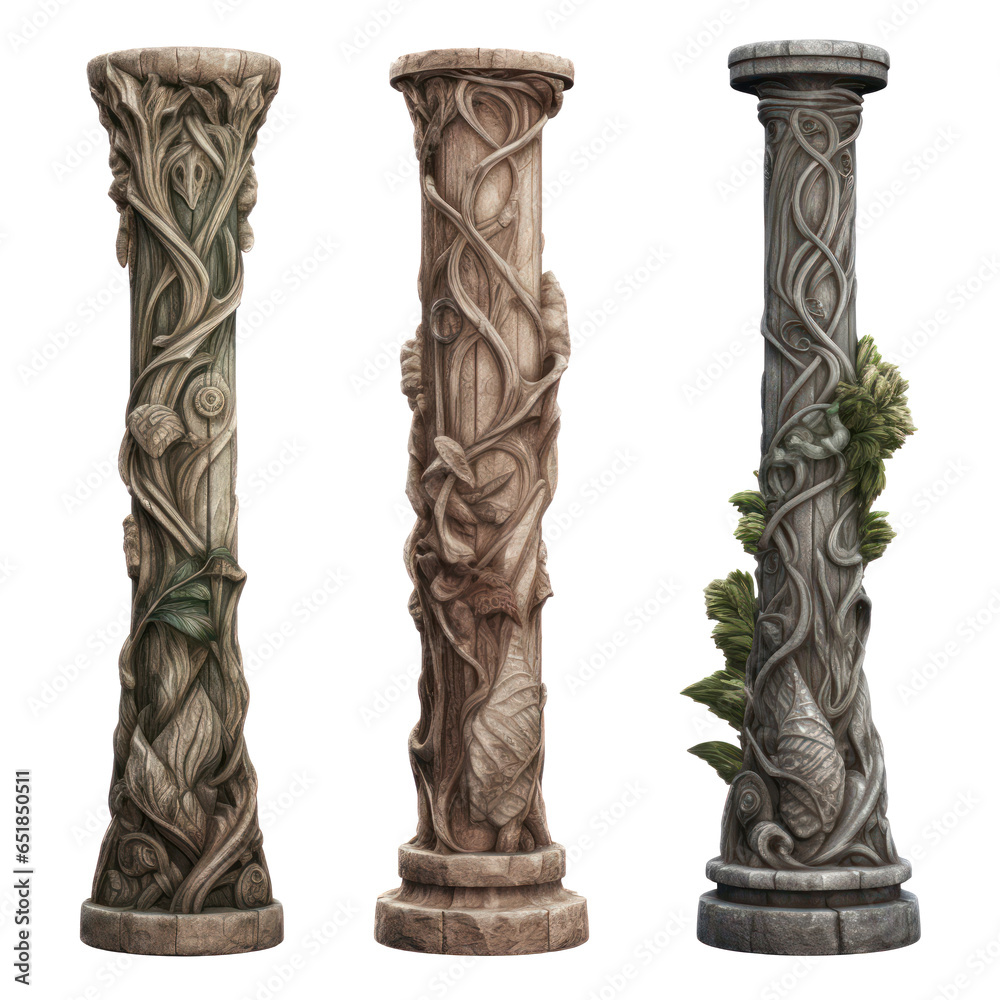 Set of architectural elements in elven style: carved wooden columns ...