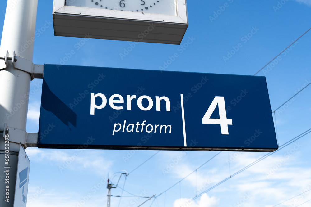 Blue railway station sign in Poland. Train platform number information ...