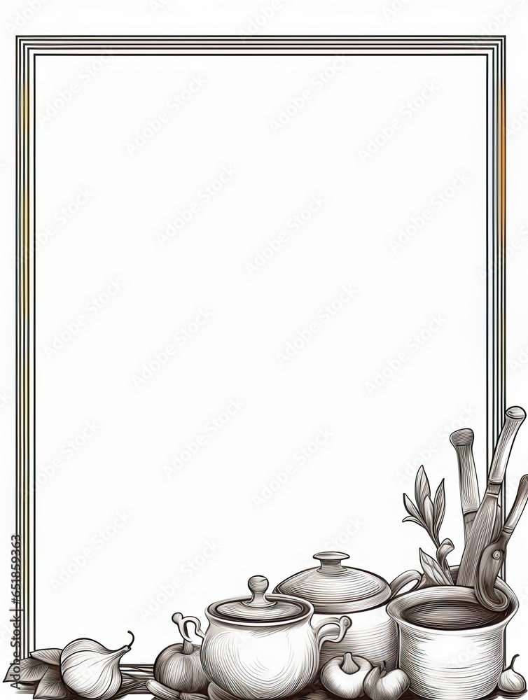 Pots and cutlery frame on white background (vertical view), hand drawn ...